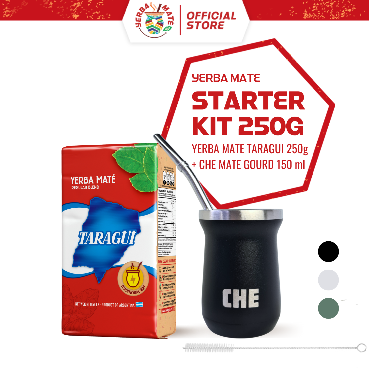 Taragui Yerba Mate Original with stems 250g + CHE Mate Gourd Cup Set ...